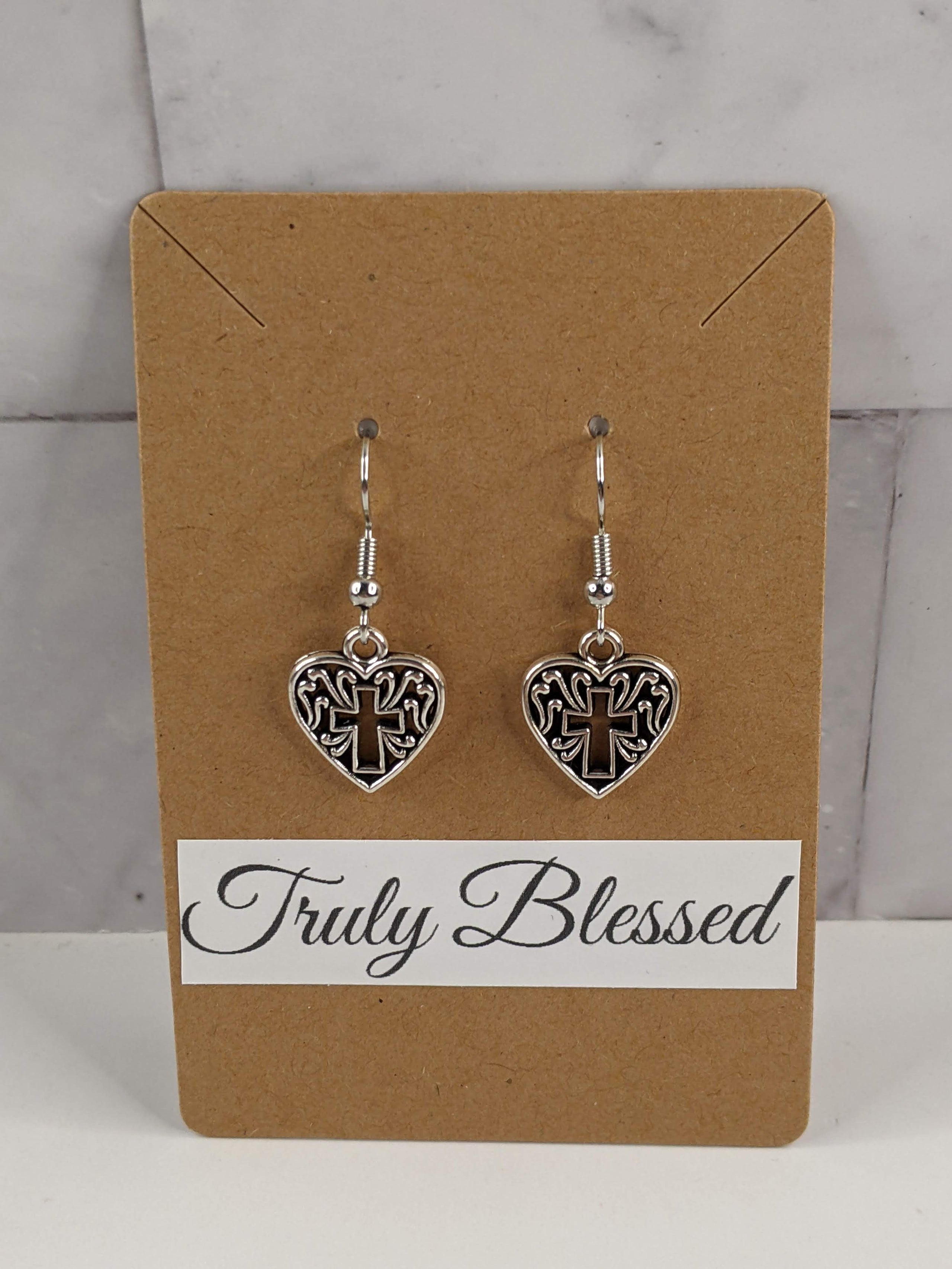 Truly Blessed Heart Cross Earrings - Silver