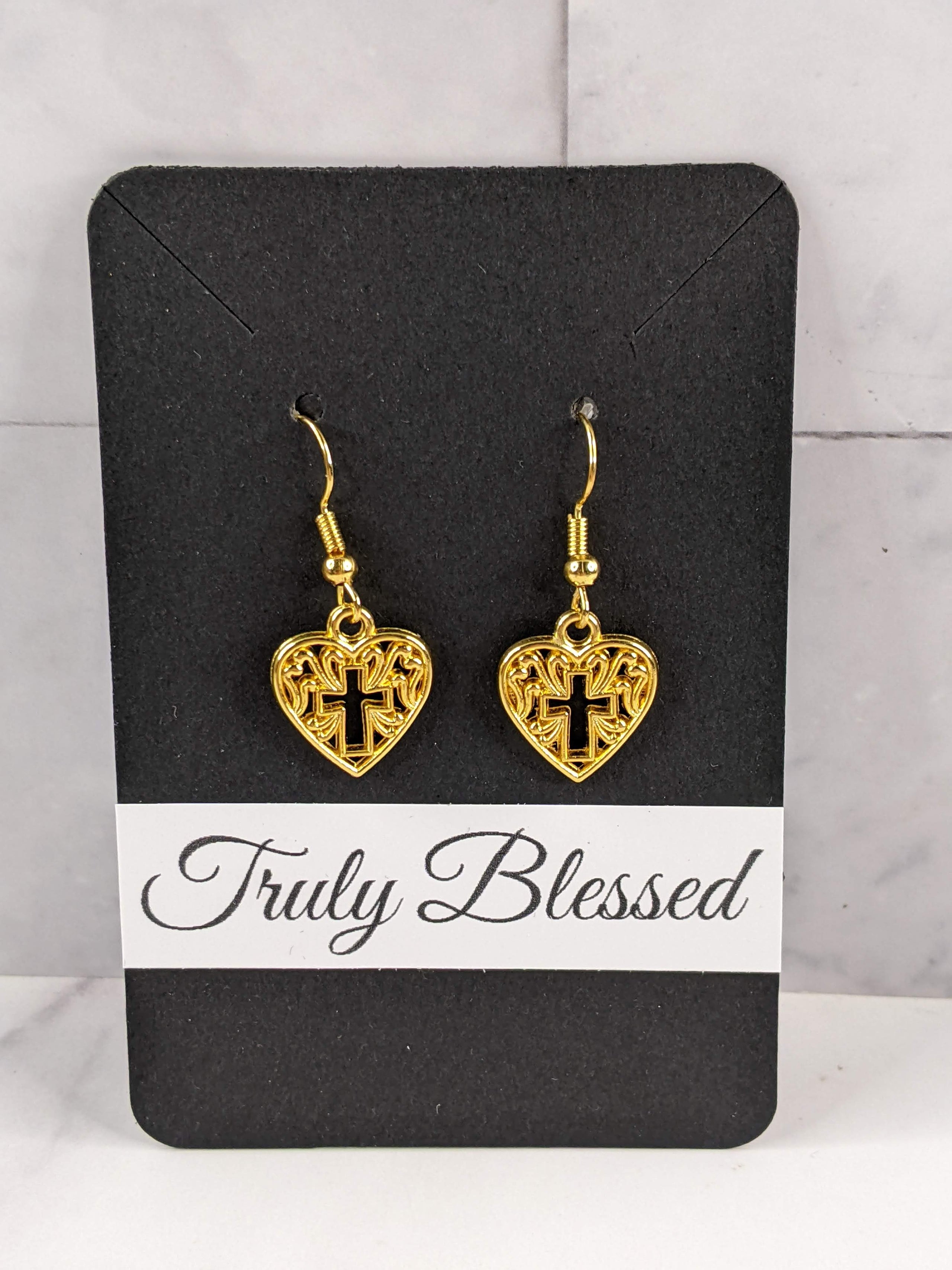 Truly Blessed Cross Heart Earrings - Gold
